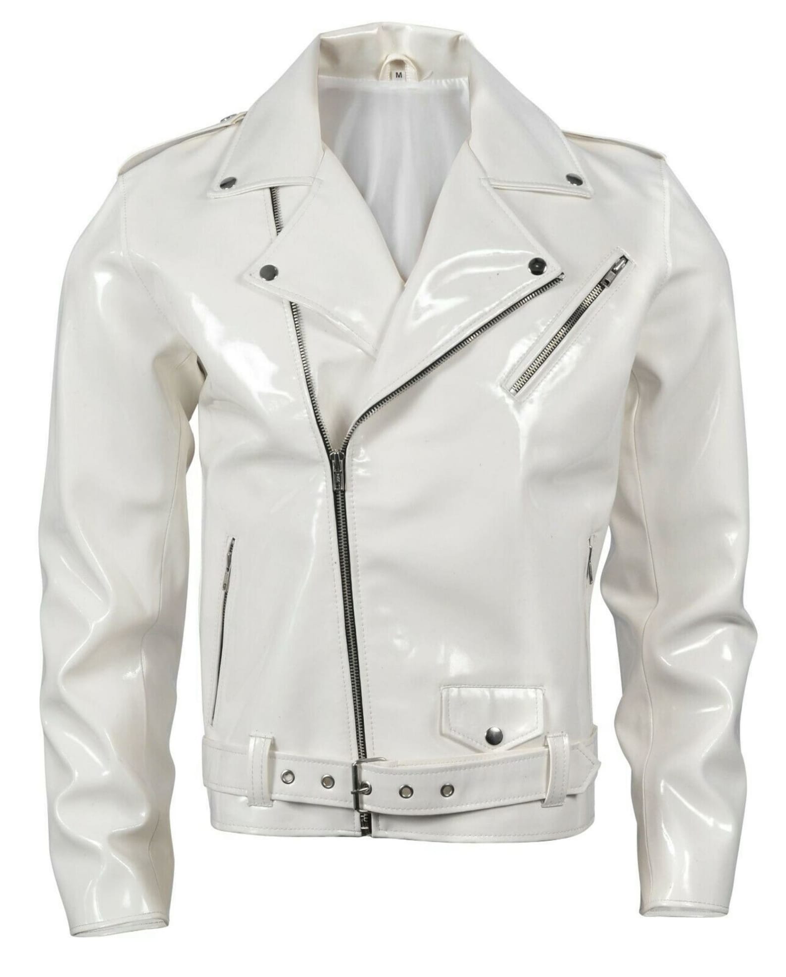 HANDMADE White PVC Vinyl Motorcycle Jacket Gothic Band RIP Moto Biker ...