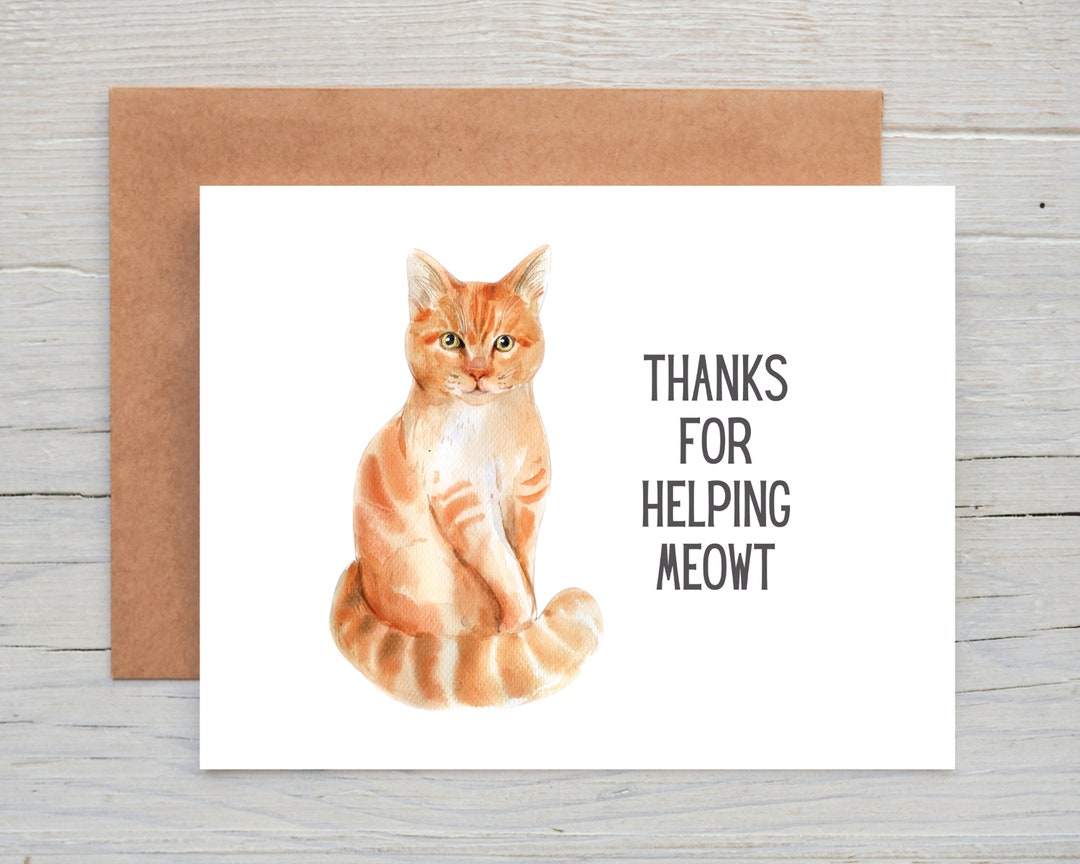 Helping Meowt Cat Thank You Card, Printable Thank You Card, Watercolor ...