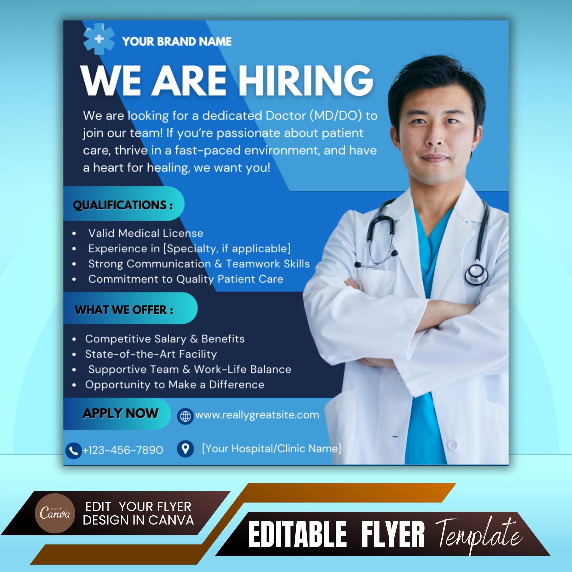 Professional Doctor Hiring Flyer Template | Editable Canva Medical ...