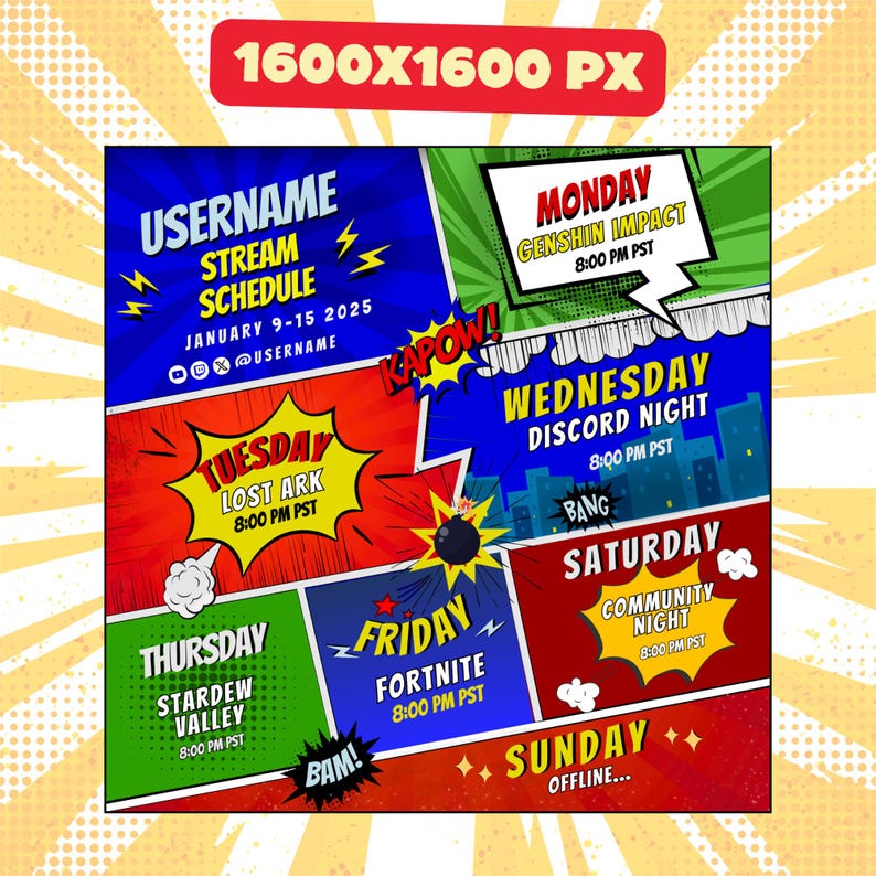Comics Theme Stream Schedule Template. Editable Weekly Stream Schedule ...