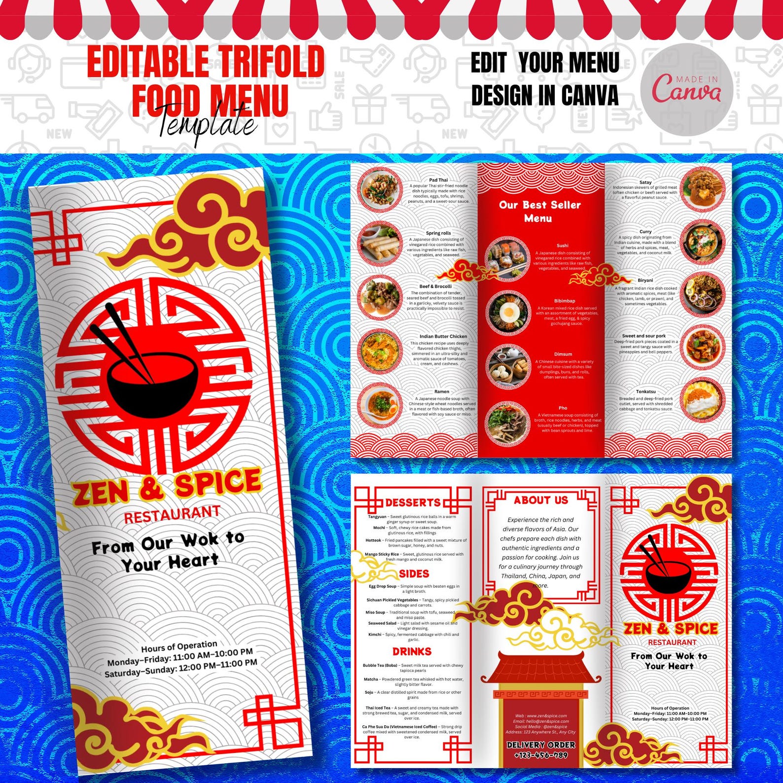 Asian Restaurant Menu Design - Trifold Template. Editable Premade Canva ...