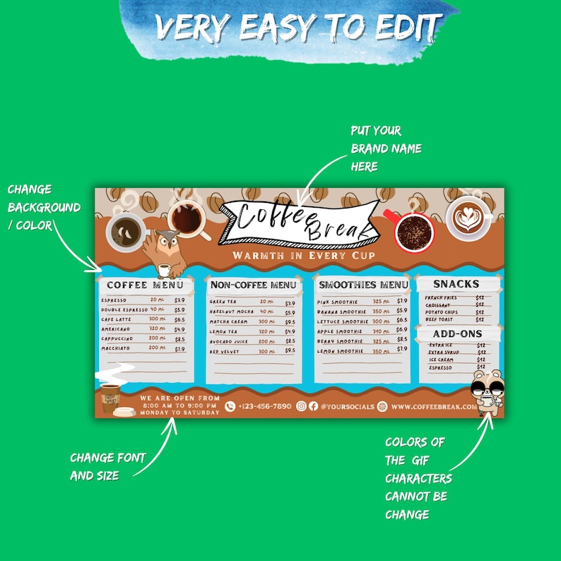 Digital Animated Coffee Shop Menu Board Template - Customizable Design ...