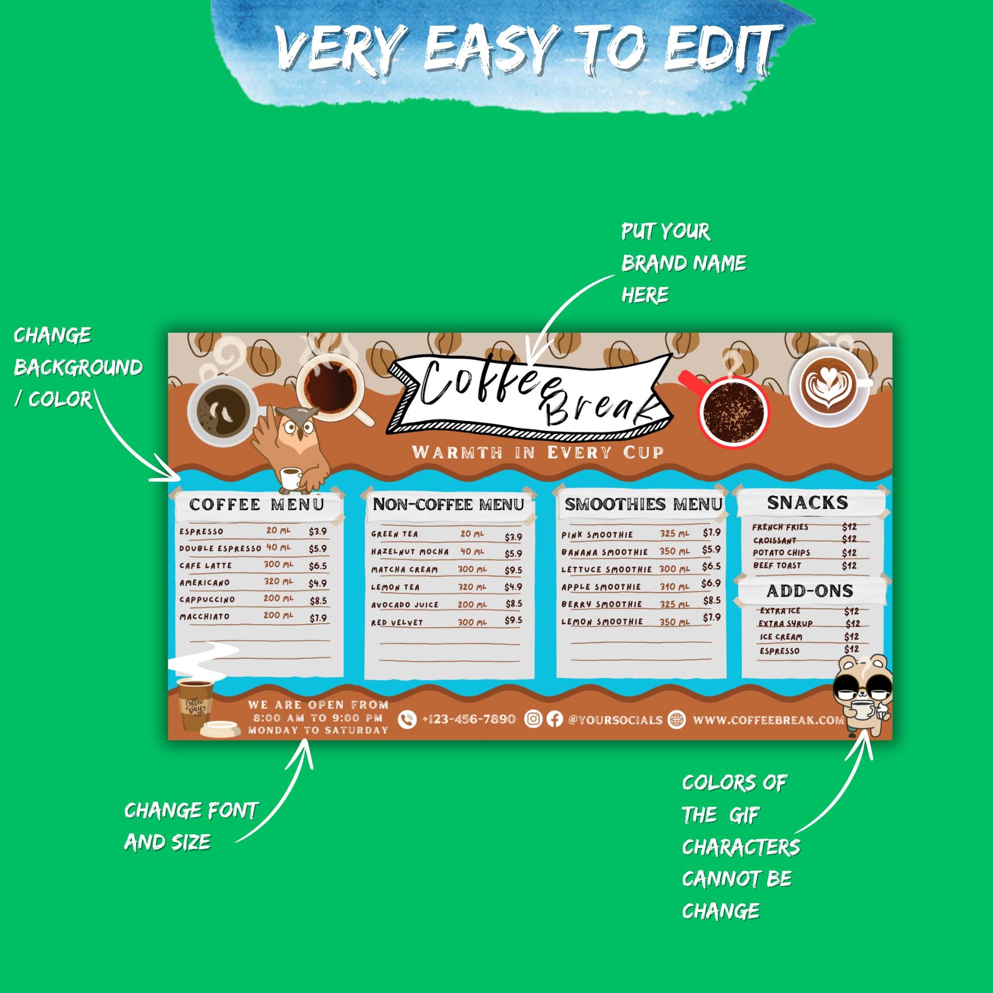 Digital Animated Coffee Shop Menu Board Template Customizable Design. Premade Canva Menu Board ...