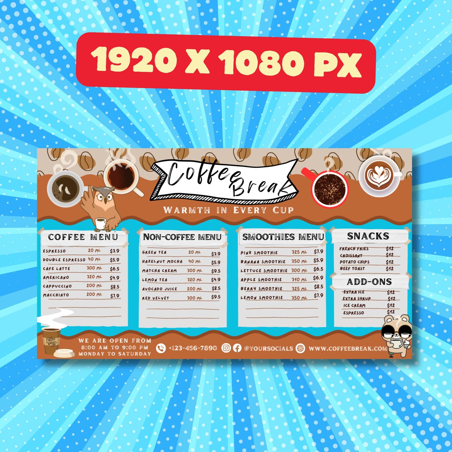 Digital Animated Coffee Shop Menu Board Template - Customizable Design ...