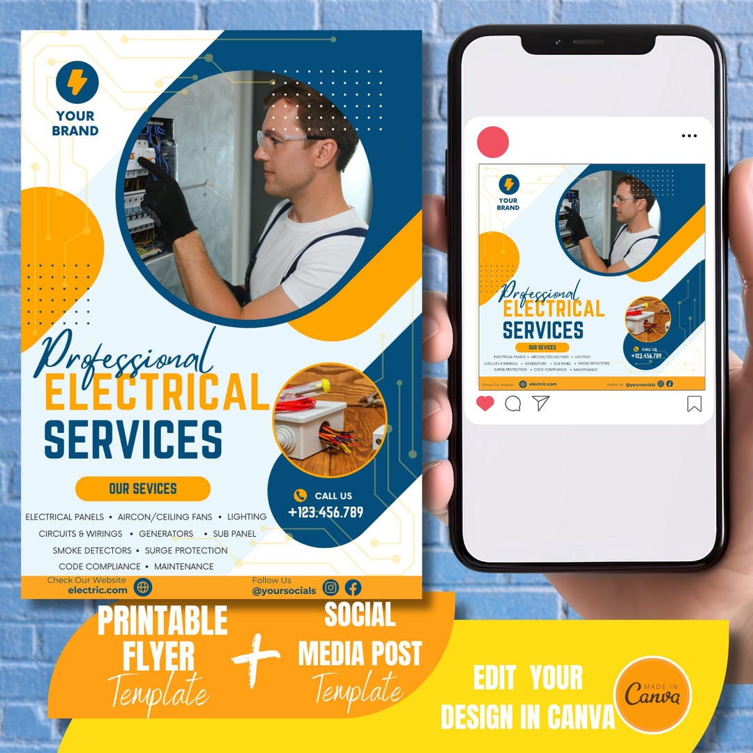 Electrical Services Flyer Template | Editable Electrician Flyer Design | Electrical Job ...