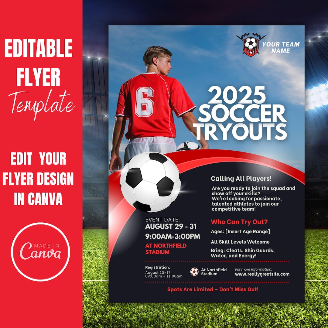 Editable Soccer Tryouts Flyer Template | Premade Canva Sports Team ...