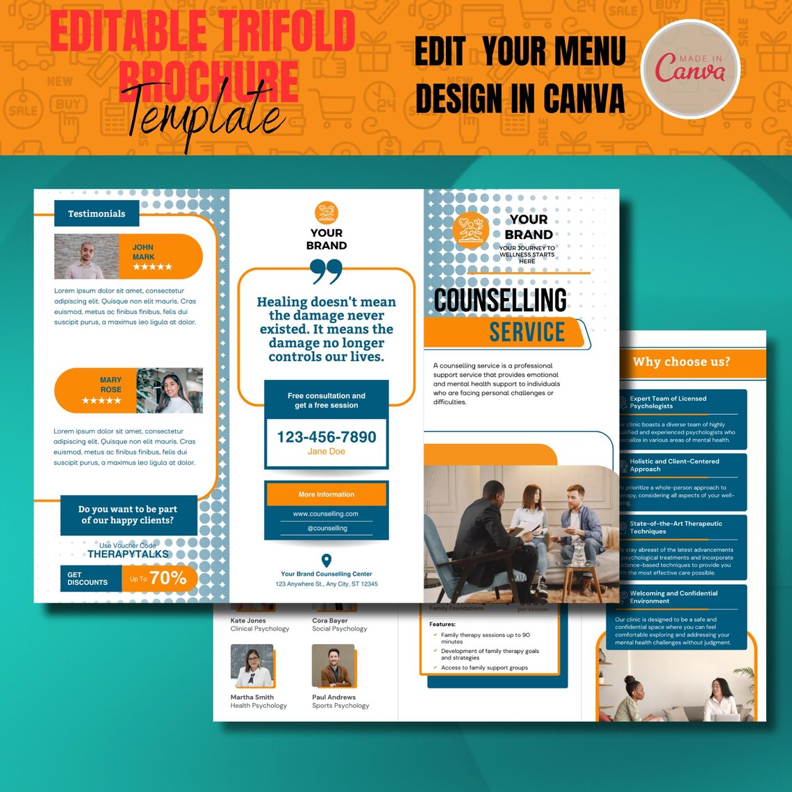 Editable Trifold Counseling Brochure Template: Canva Design (instant ...
