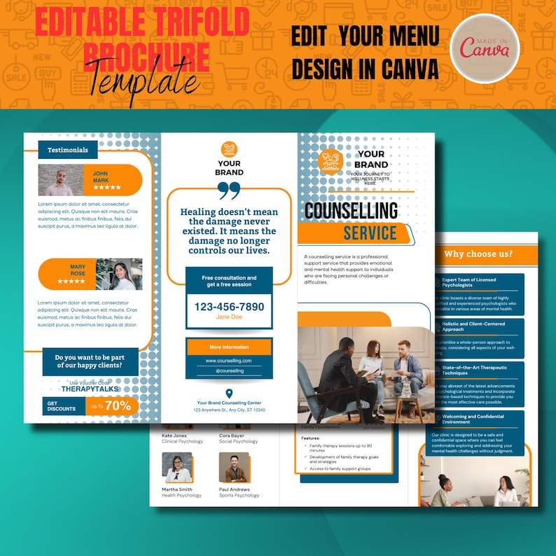 Editable Trifold Counseling Brochure Template: Canva Design (instant ...