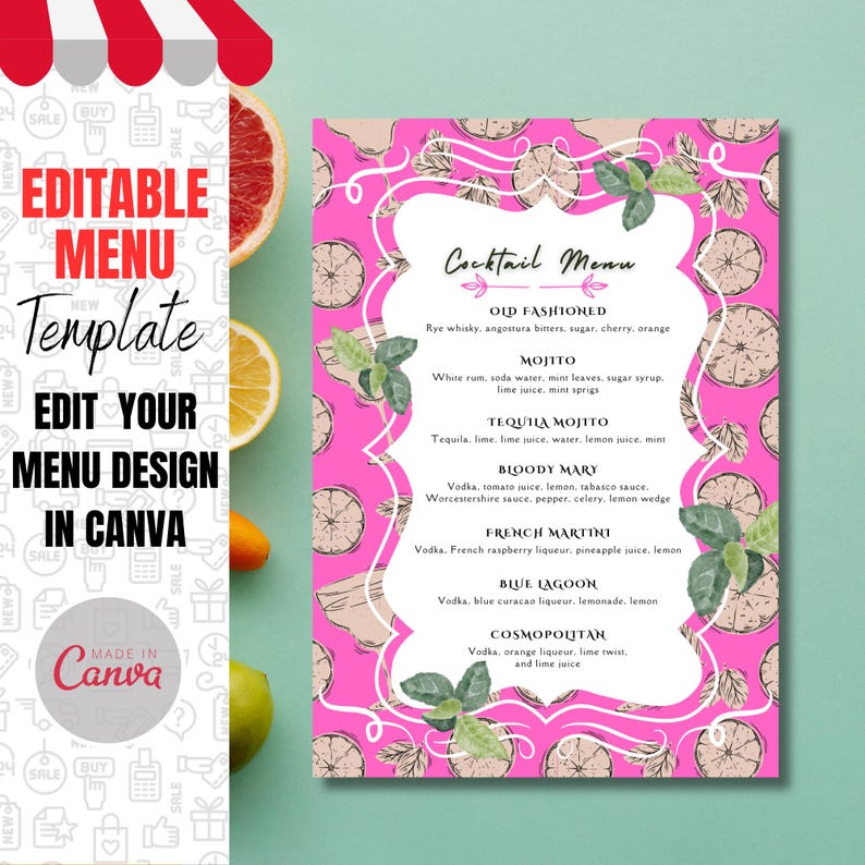 Cocktail Menu Editable Template. Instant Digital Download. Bar Cocktail ...