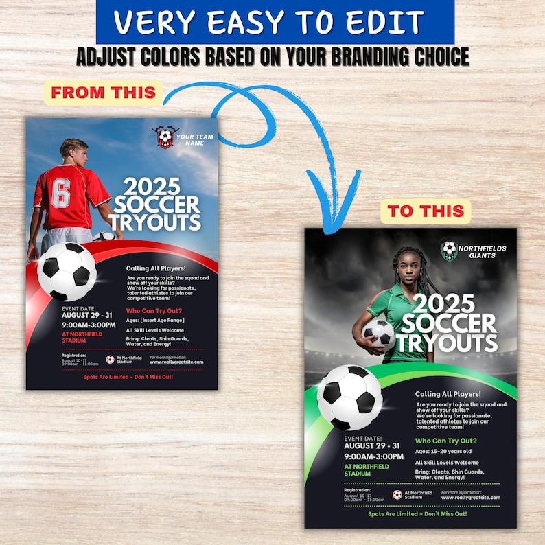 Editable Soccer Tryouts Flyer Template | Premade Canva Sports Team ...