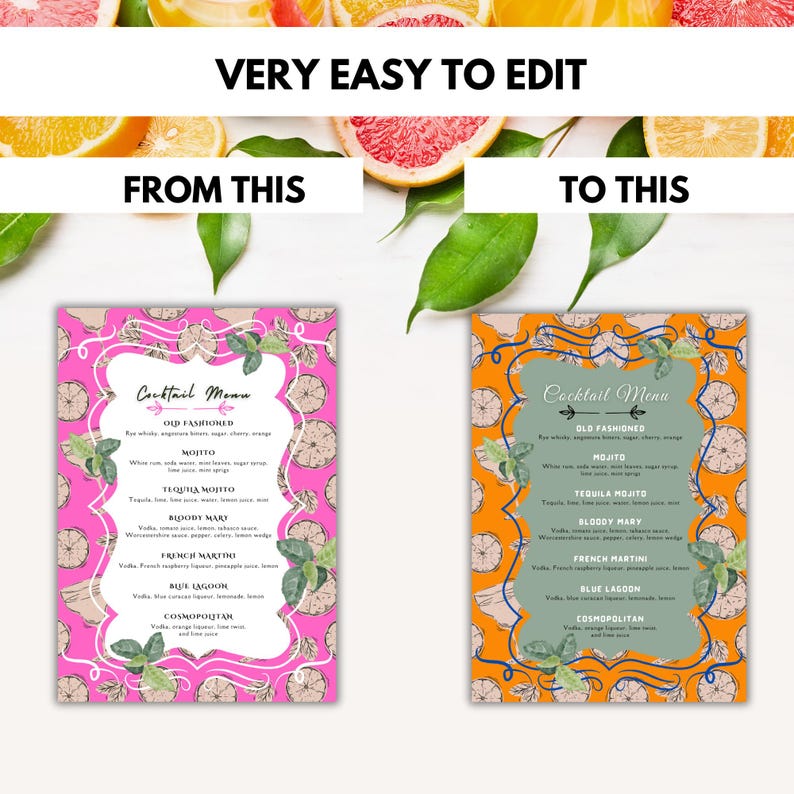 Cocktail Menu Editable Template. Instant Digital Download. Bar Cocktail ...