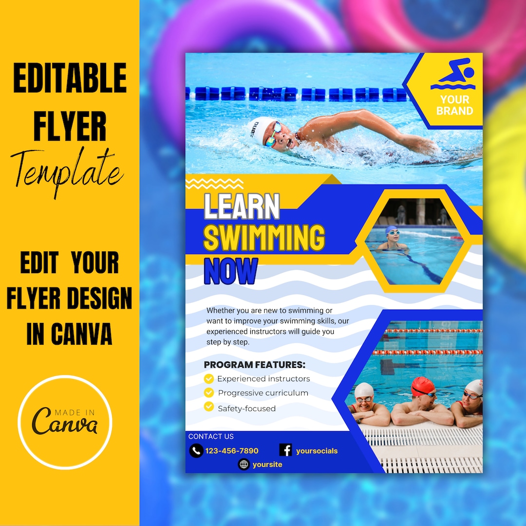 Swimming Lessons Flyer Template, Digital Editable Flyer Design. Canva ...