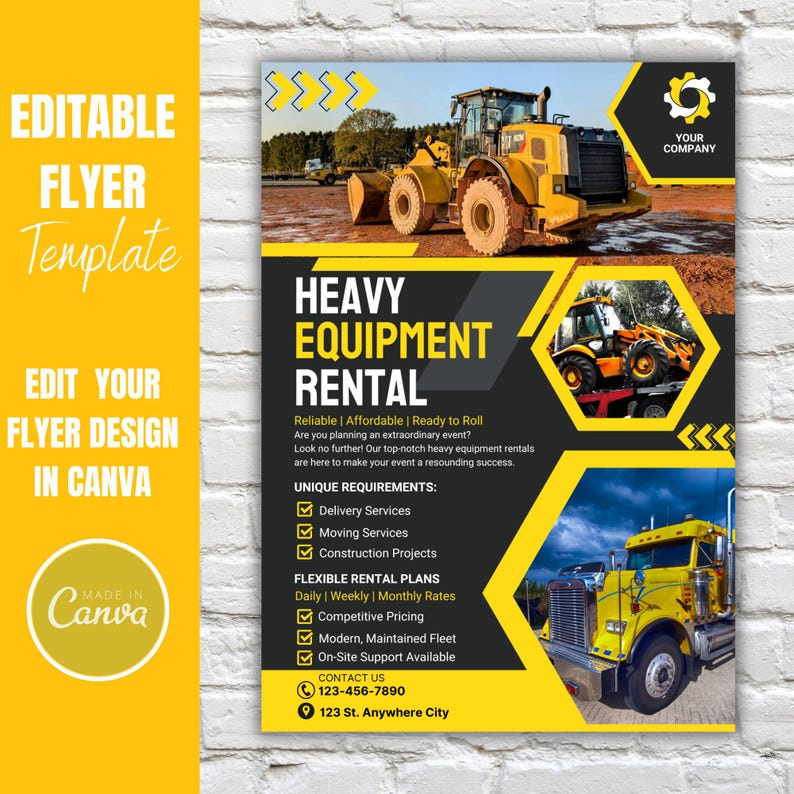 Heavy Equipment Rental Flyer Template Design | Editable Construction ...