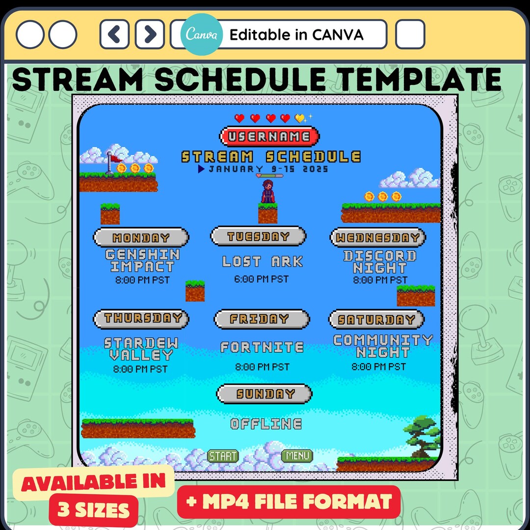 Retro Pixel Stream Schedule Template for Gamers | Editable Canva Stream ...