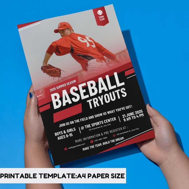 Editable Baseball Tryout Flyer Template: Youth Sports Promotion (A4 ...