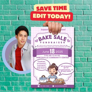 Bake Sale Fundraiser Flyer Template | Editable, Printable and Social ...