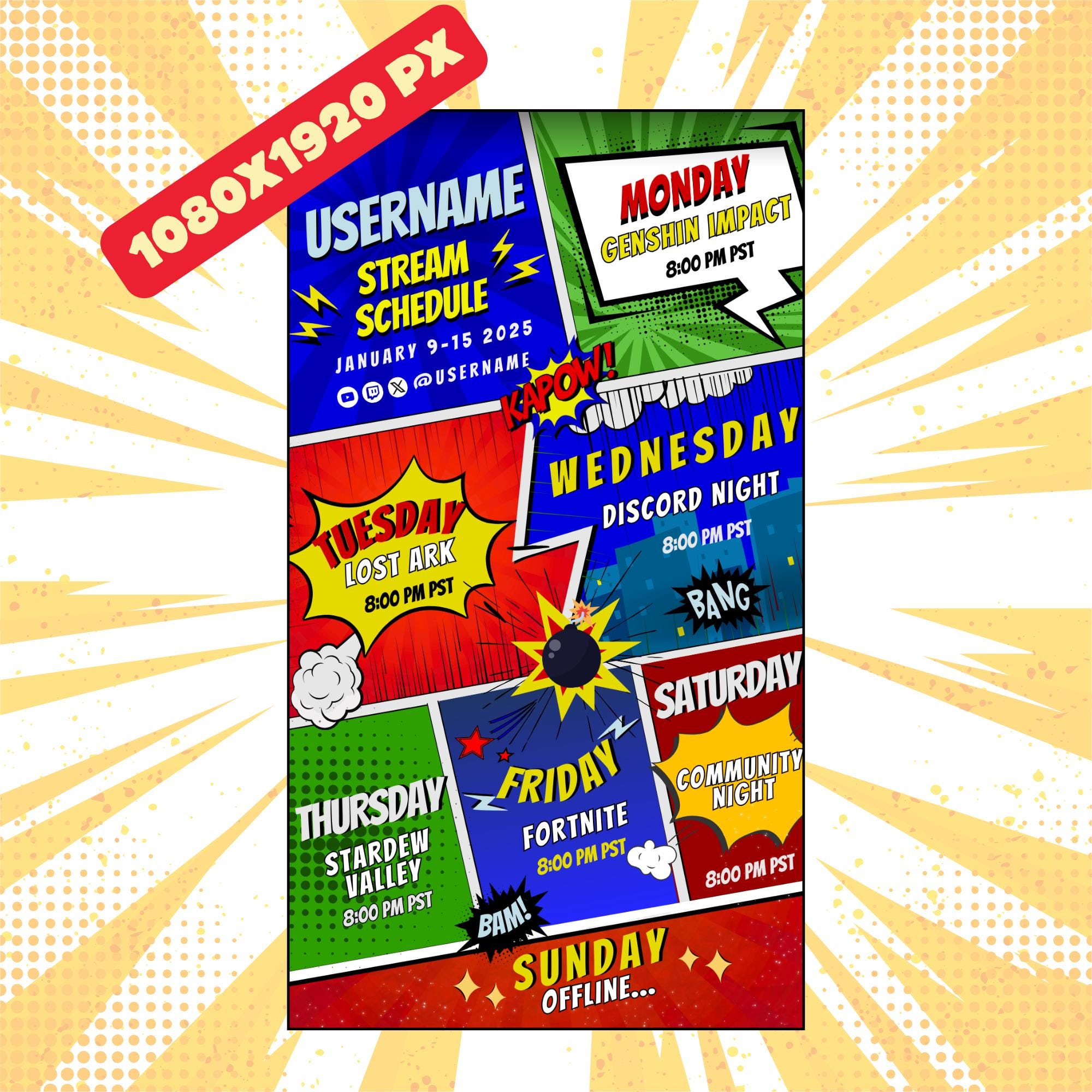 Comics Theme Stream Schedule Template. Editable Weekly Stream Schedule ...