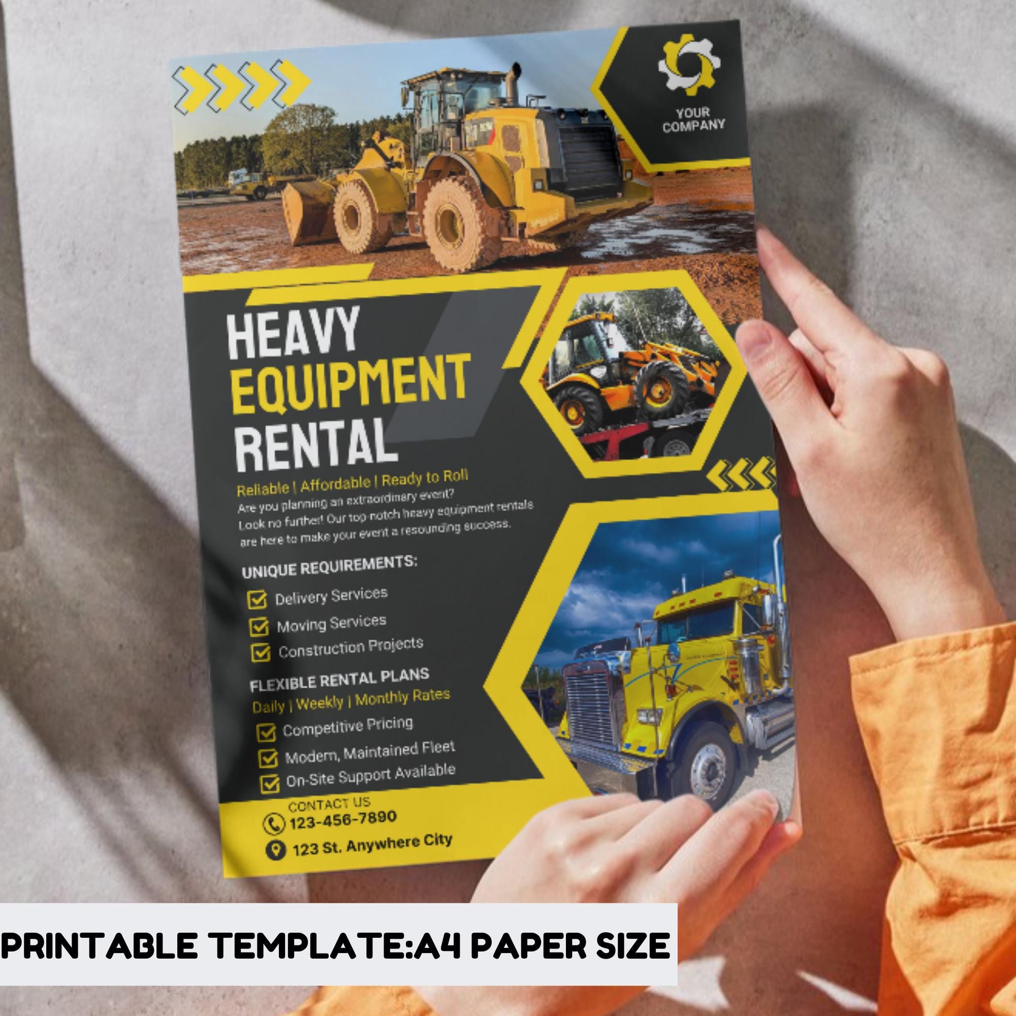 Heavy Equipment Rental Flyer Template Design | Editable Construction ...