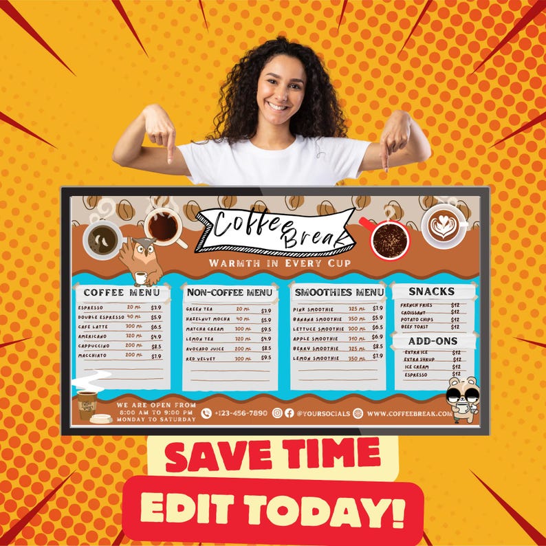 Digital Animated Coffee Shop Menu Board Template - Customizable Design ...