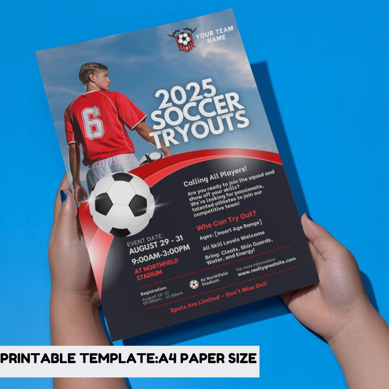Editable Soccer Tryouts Flyer Template | Premade Canva Sports Team ...