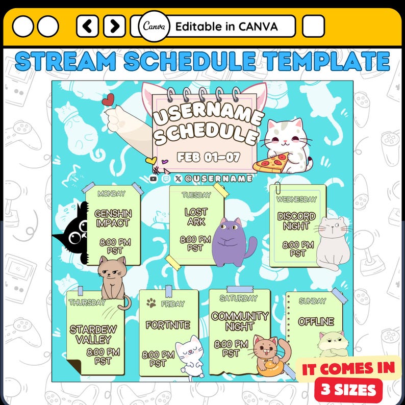 Cute Stream Schedule Template for Twitch and Youtube | Editable Canva ...