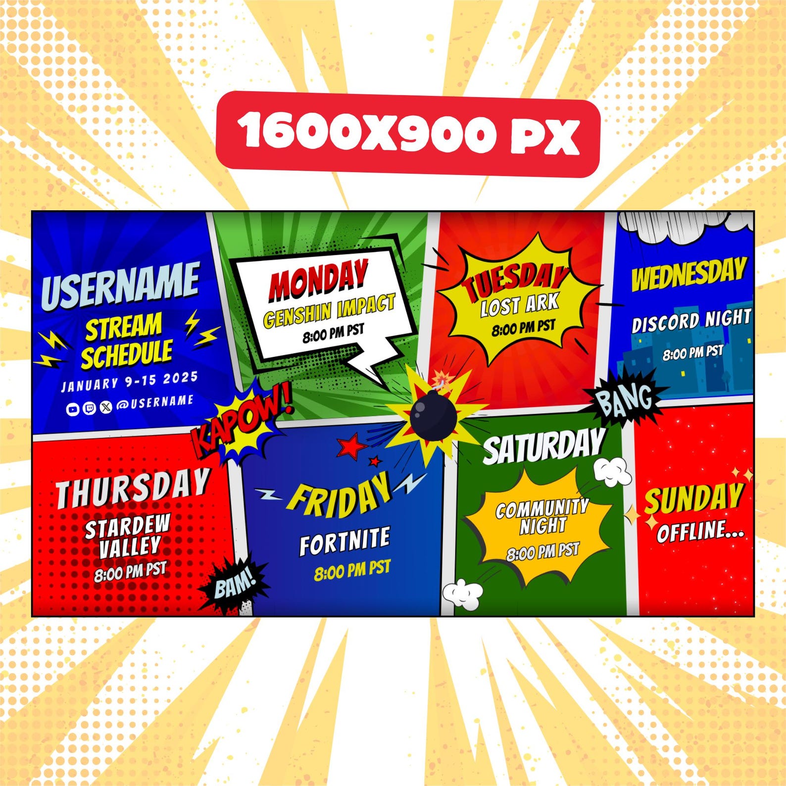 Comics Theme Stream Schedule Template. Editable Weekly Stream Schedule ...