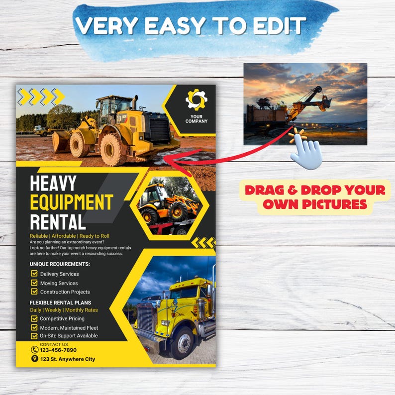 Heavy Equipment Rental Flyer Template Design | Editable Construction ...