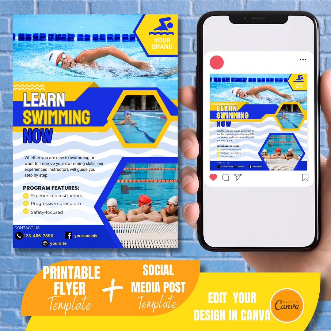 Swimming Lessons Flyer Template: Editable Canva Design (social Media ...