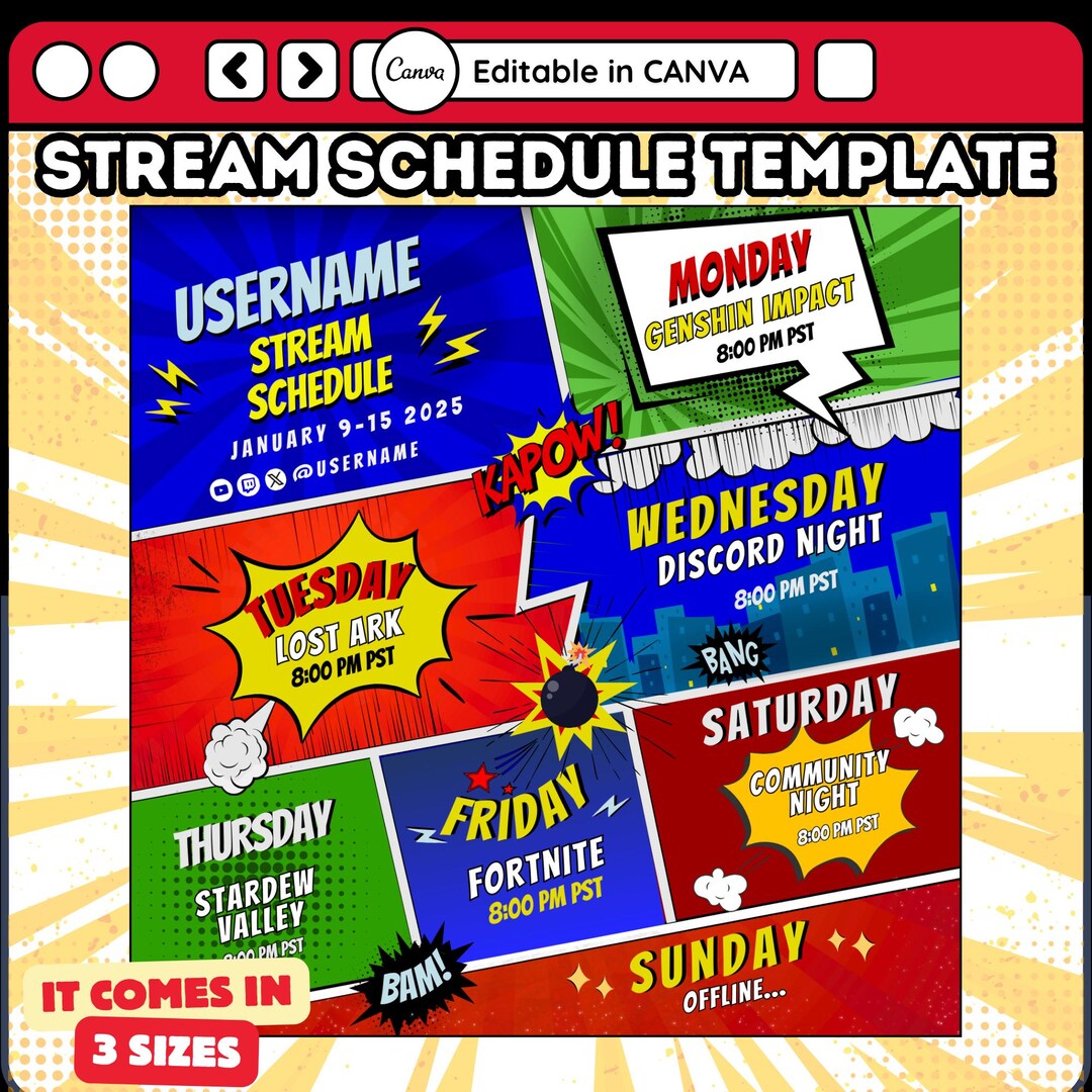Comics Theme Stream Schedule Template. Editable Weekly Stream Schedule ...