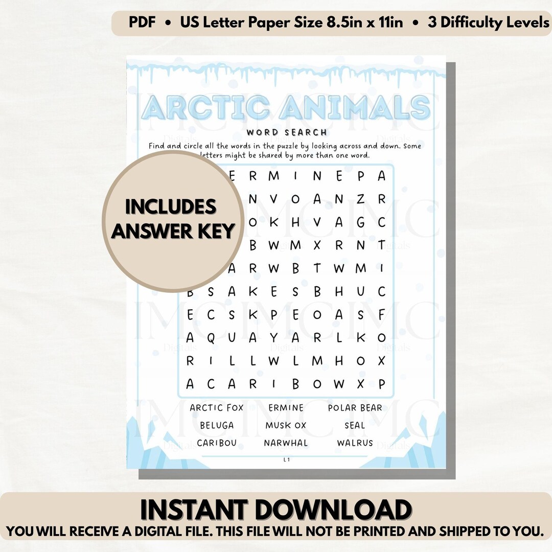 Arctic Animals Word Search Puzzle | Kids' Printable Game (PDF Download ...