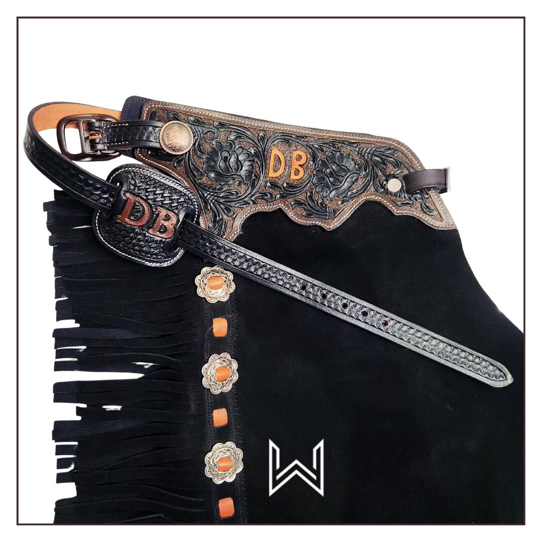 Custom Chaps, Black Suede Leather Western Fringe Chaps With Tooled ...