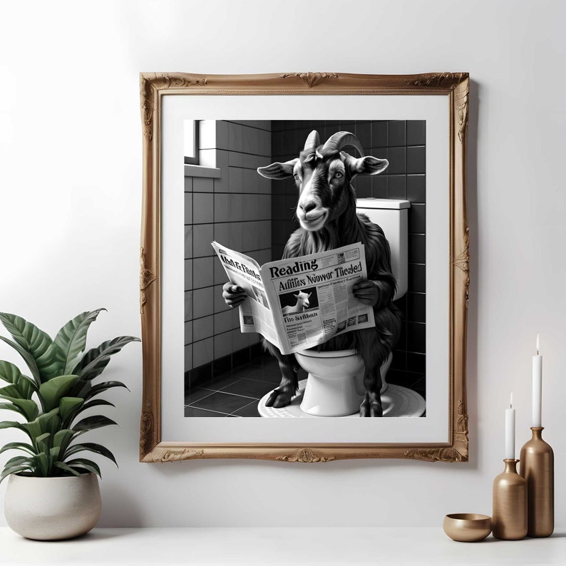 Goat Sitting on the Toilet Reading Newspaper, Funny Bathroom Wall Decor ...