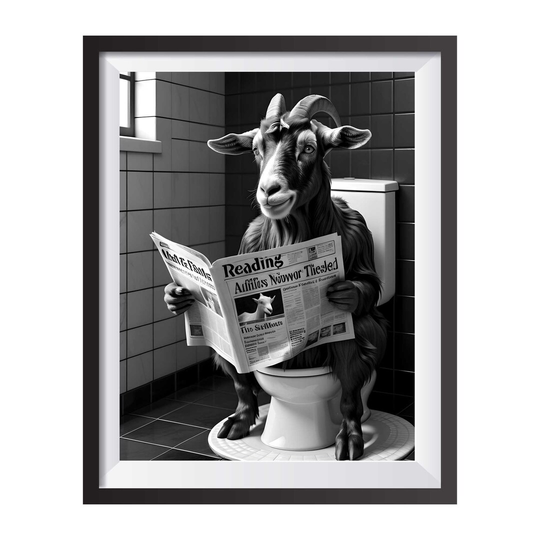 Goat Sitting on the Toilet Reading Newspaper, Funny Bathroom Wall Decor ...