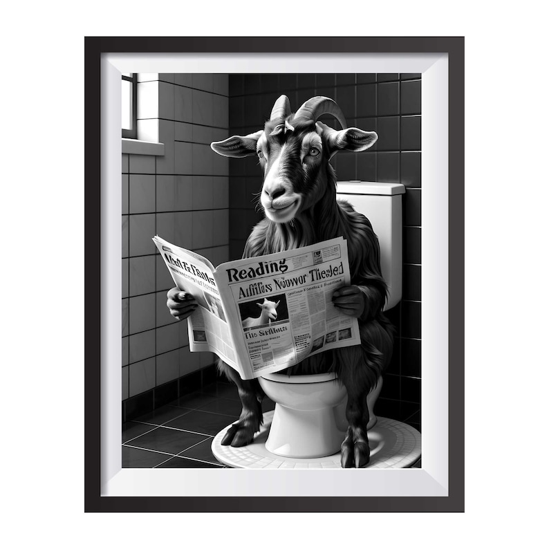 Goat Sitting on the Toilet Reading Newspaper, Funny Bathroom Wall Decor ...