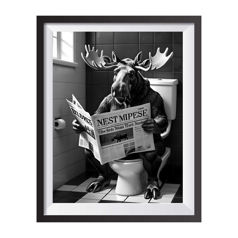 Moose Sitting on the Toilet Reading Newspaper, Funny Bathroom Wall ...