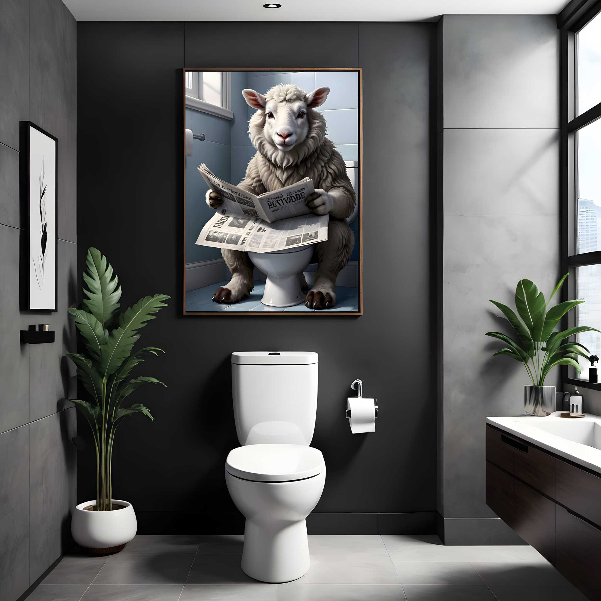 Sheep Sitting on the Toilet Reading Newspaper, Funny Bathroom Wall ...
