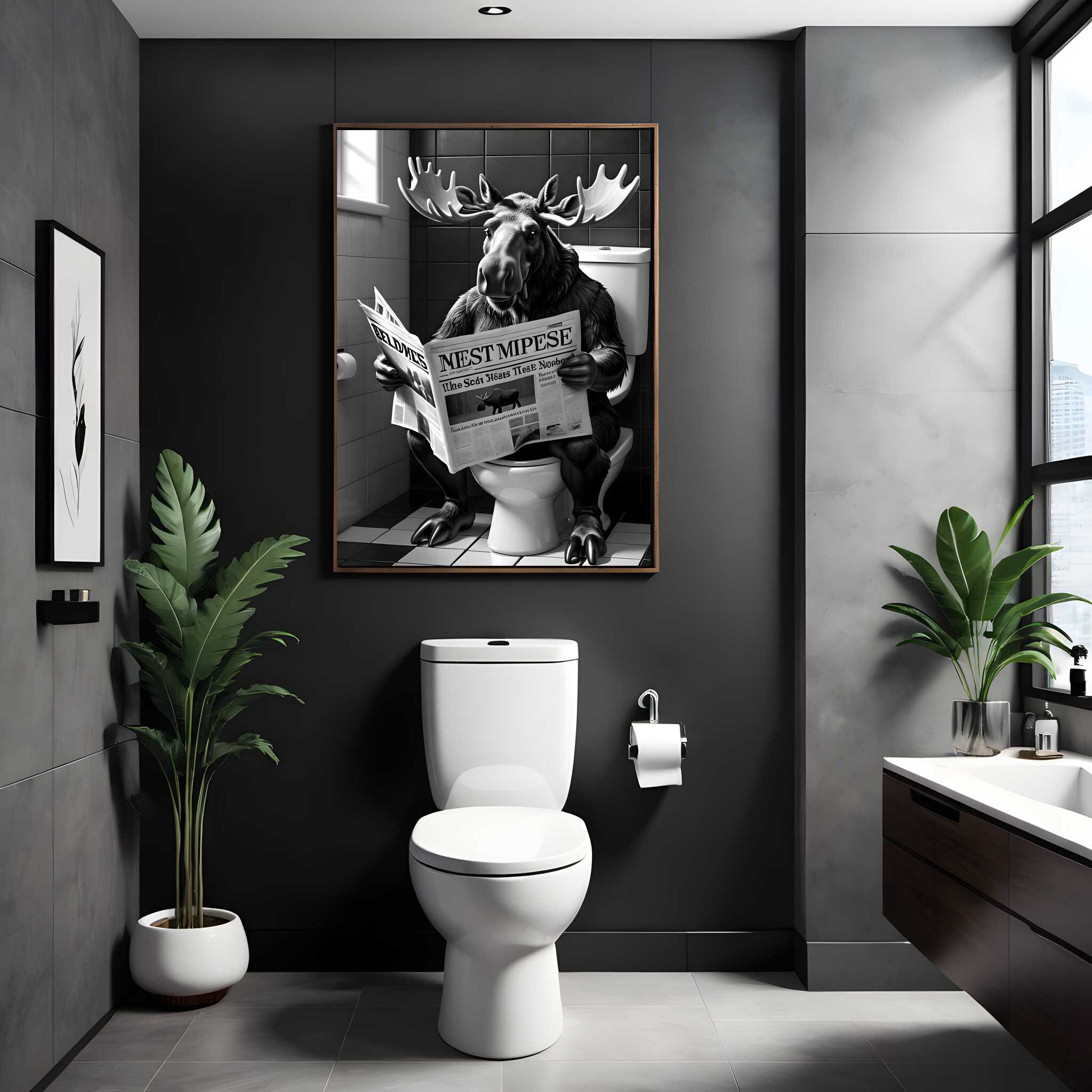 Moose Sitting on the Toilet Reading Newspaper, Funny Bathroom Wall ...