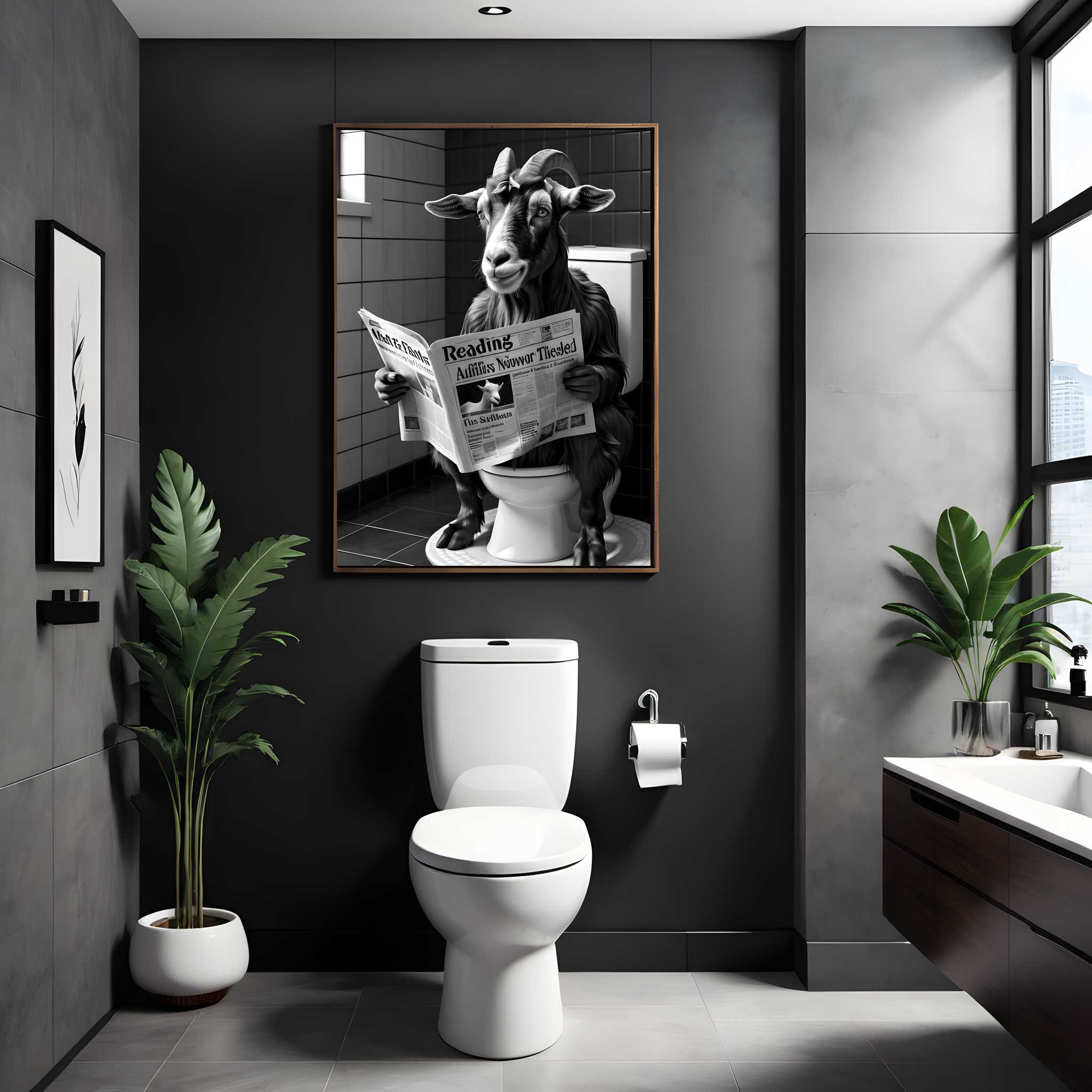 Goat Sitting on the Toilet Reading Newspaper, Funny Bathroom Wall Decor ...