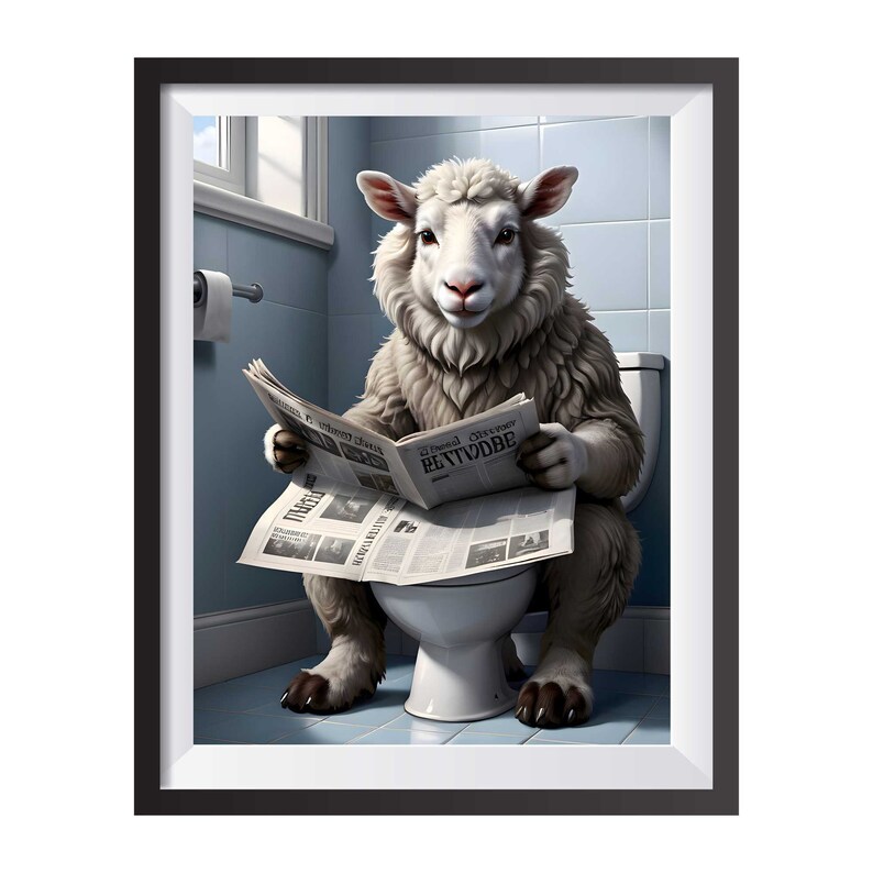 Sheep Sitting on the Toilet Reading Newspaper, Funny Bathroom Wall ...
