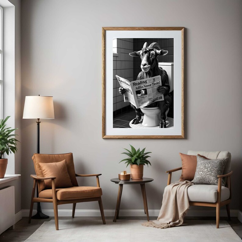 Goat Sitting on the Toilet Reading Newspaper, Funny Bathroom Wall Decor ...