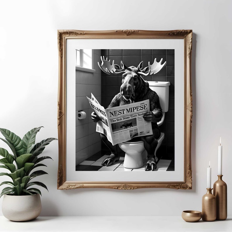 Moose Sitting on the Toilet Reading Newspaper, Funny Bathroom Wall ...
