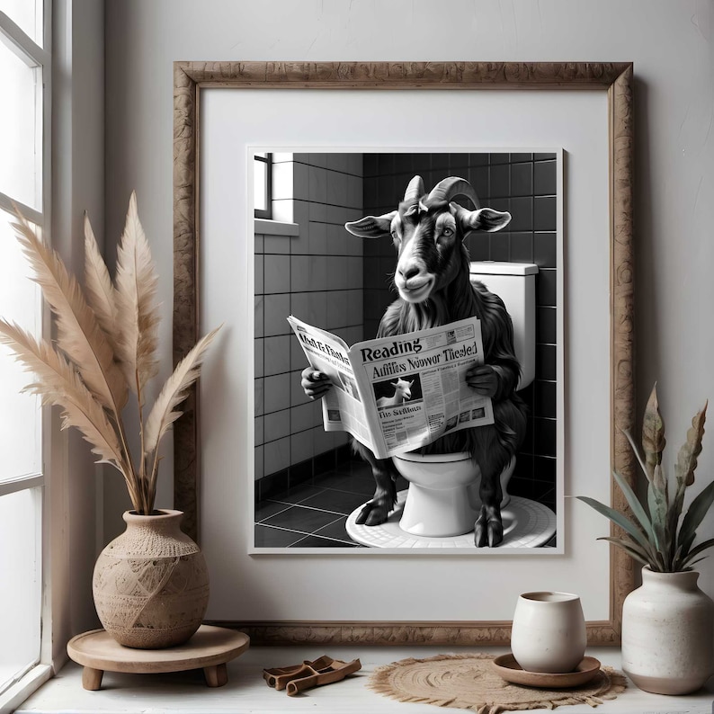 Goat Sitting on the Toilet Reading Newspaper, Funny Bathroom Wall Decor ...