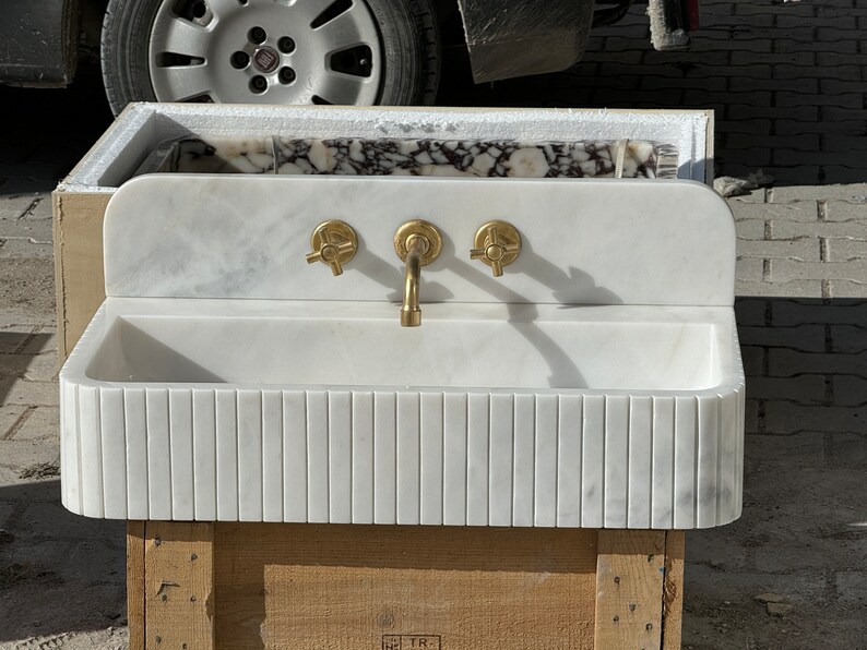 White Carrara Backsplash Marble Sink,ribbed 3 Sides ,marble Wash Basin ...