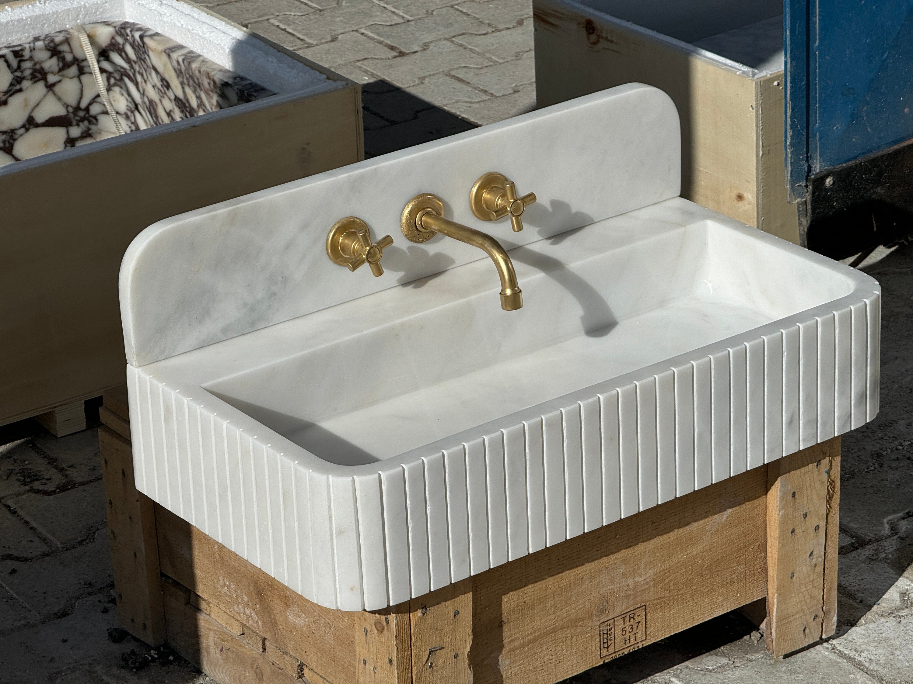 White Carrara Backsplash Marble Sink,ribbed 3 Sides ,marble Wash Basin ...