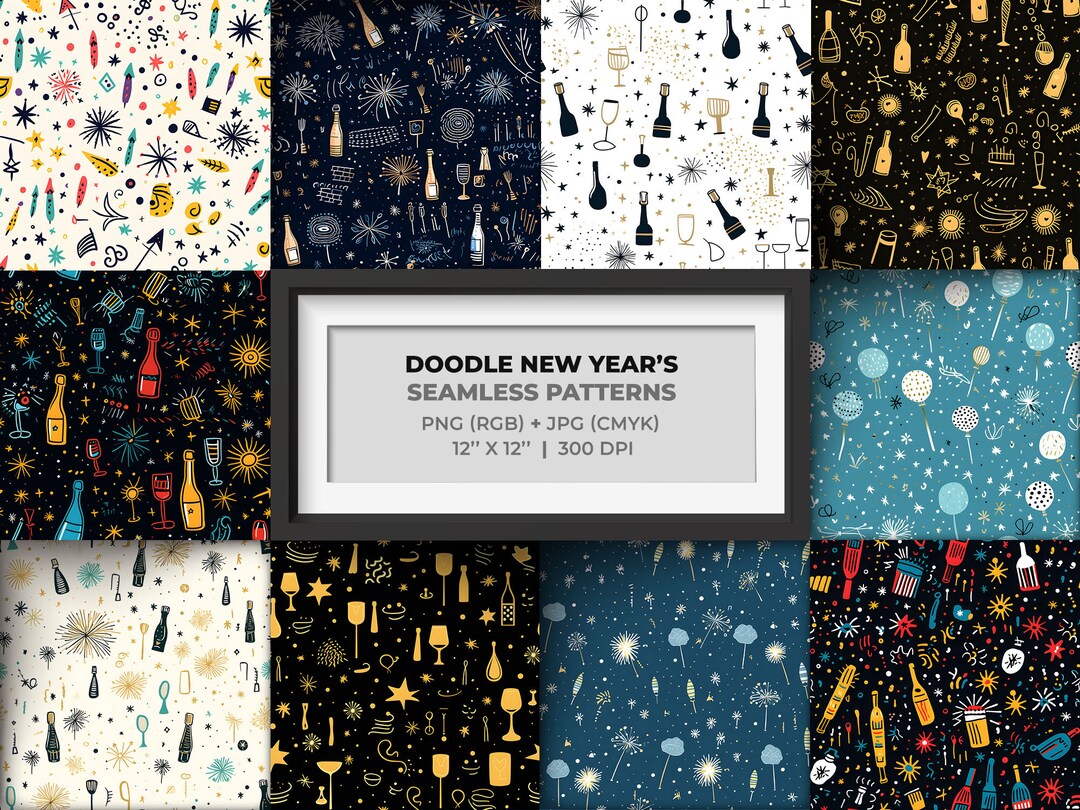 10 Doodle New Year's Seamless Digital Patterns, Party Prints ...