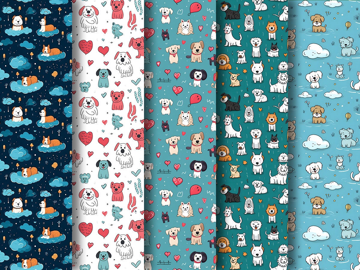 10 Cute Doodle Dog Seamless Digital Patterns, Party Prints, Background ...