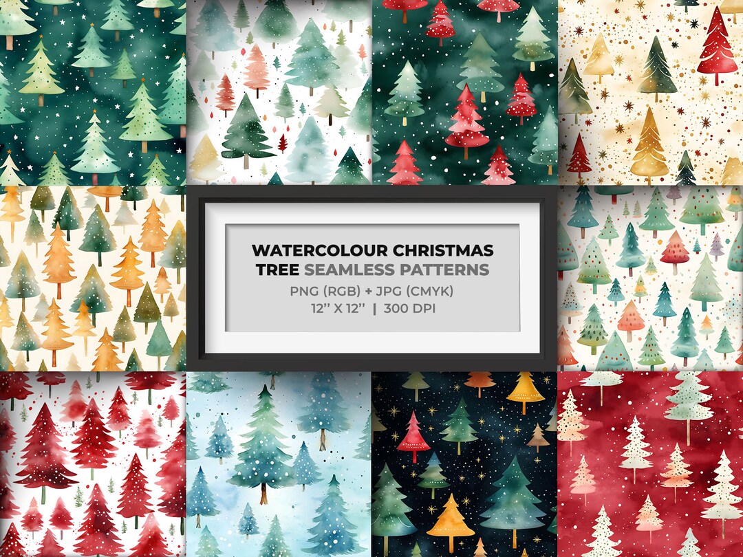 10 Watercolour Christmas Tree Digital Patterns, Christmas Prints ...