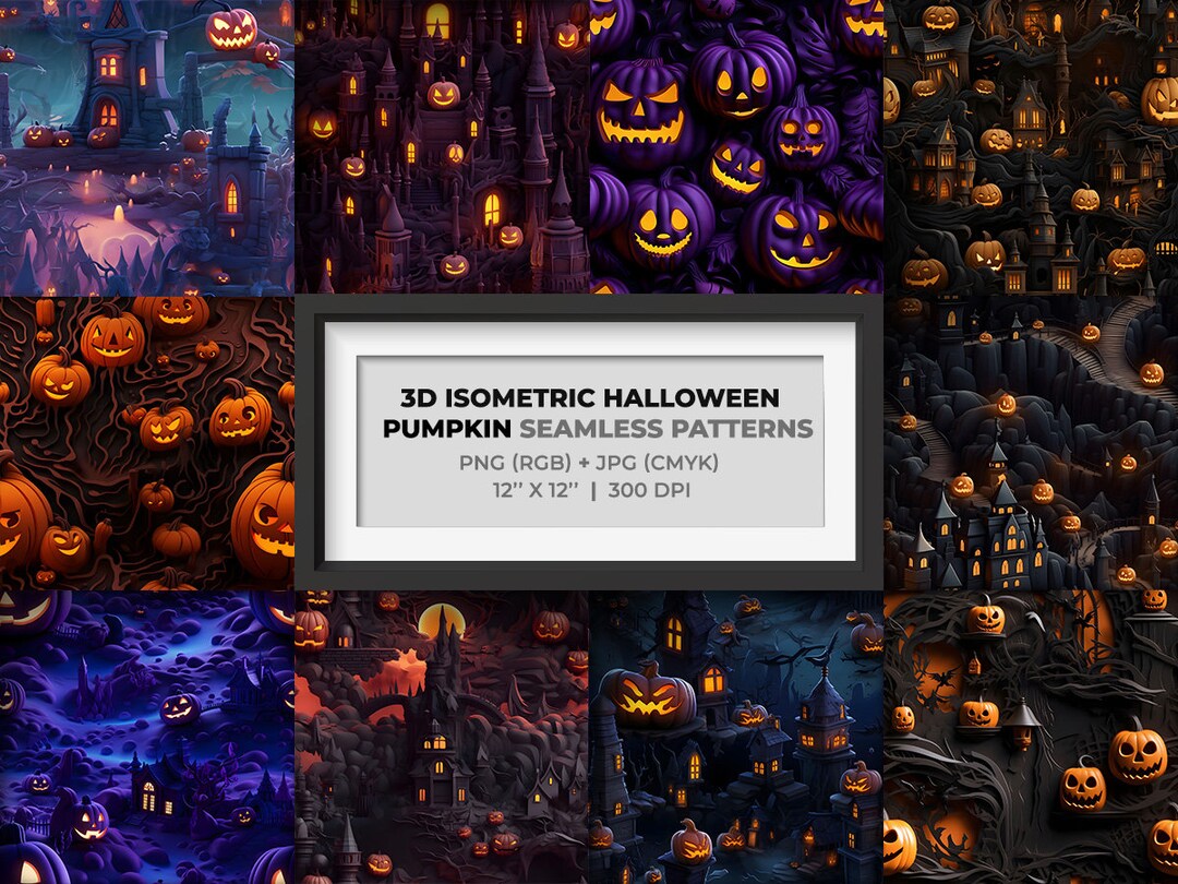 10 Isometric 3D Halloween Pumpkin Seamless Digital Patterns, Halloween ...