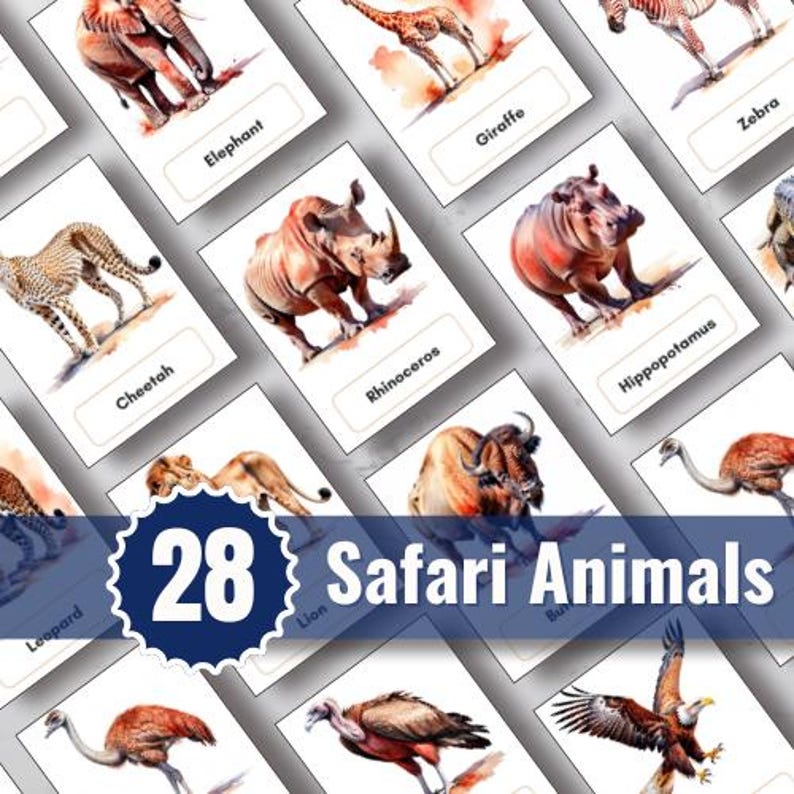 Safari Animals Flashcards – Printable Watercolor Learning Cards for ...