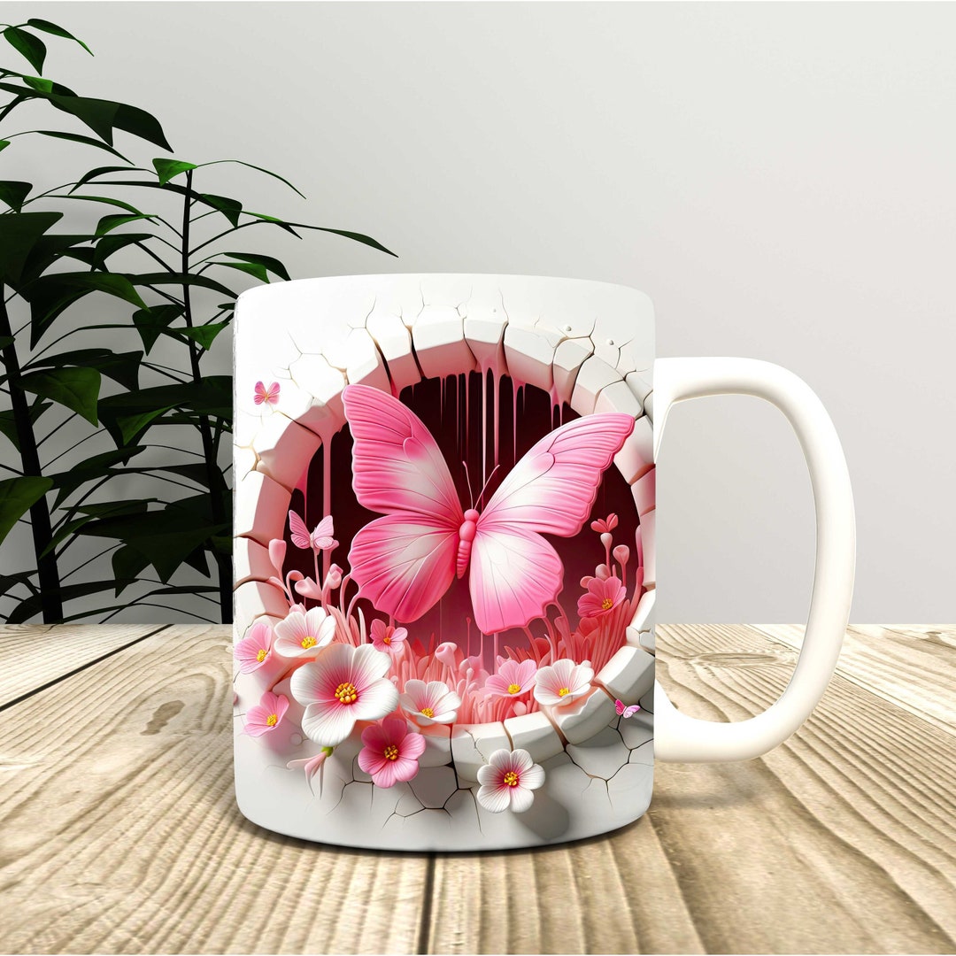 3D Pink Butterfly Floral Mug Wrap PNG Sublimation, 15 and 11 Oz Skinny ...